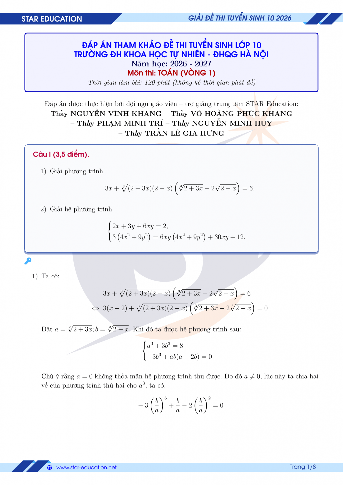 Đáp án đề thi Toán vòng 1 Chuyên KHTN 2026-2027 - Star Education